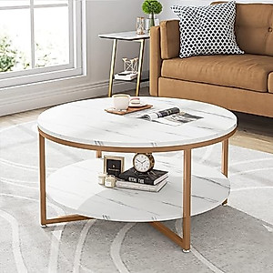 Two-Tier Round Marble Modern Coffee Table with Metal Legs and Open Storage Shelf for Living Room White Gold Contemporary MDF Wood Finish Water Resistant