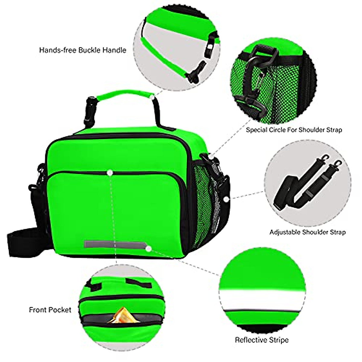 xigua Reusable Lunch Bag Insulated Lunch Box Cooler Tote Removable Shoulder Strap Meal Picnic Bags for Outdoor School Travel Office Work, Plain Neon Green Solid Color