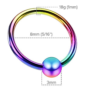 2pc 18 Gauge Captive Bead Ring Rainbow Anodized Stainless Steel Hypoallergenic Septum Earrings 8mm