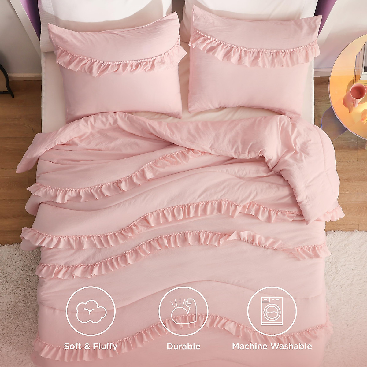 Bedsure Pink Comforter Set Queen - Ruffle Comforter, Cute Shabby Chic Boho Bedding Comforter Set for Girls, Lightweight Fluffy Soft Bed Set with 2 Pillow Shams