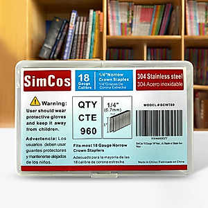 SimCos 18 Gauge 1/4" Narrow Crown 304 Stainless Steel Staples 1 Inch 960 Counts for 18 GA Pneumatic or Electric Stapler or Staple Gun