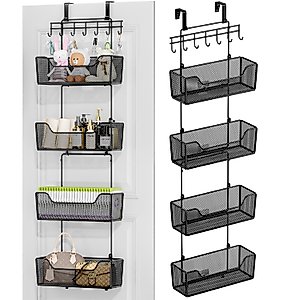 HapiRm Over The Door Organizer - Hanging Door Organizer with 4 Metal Large Capacity Baskets and Adjustable Coat Hook, Behind Door Storage for Bathroom Bedroom Kitchen Pantry Closet Cabinet