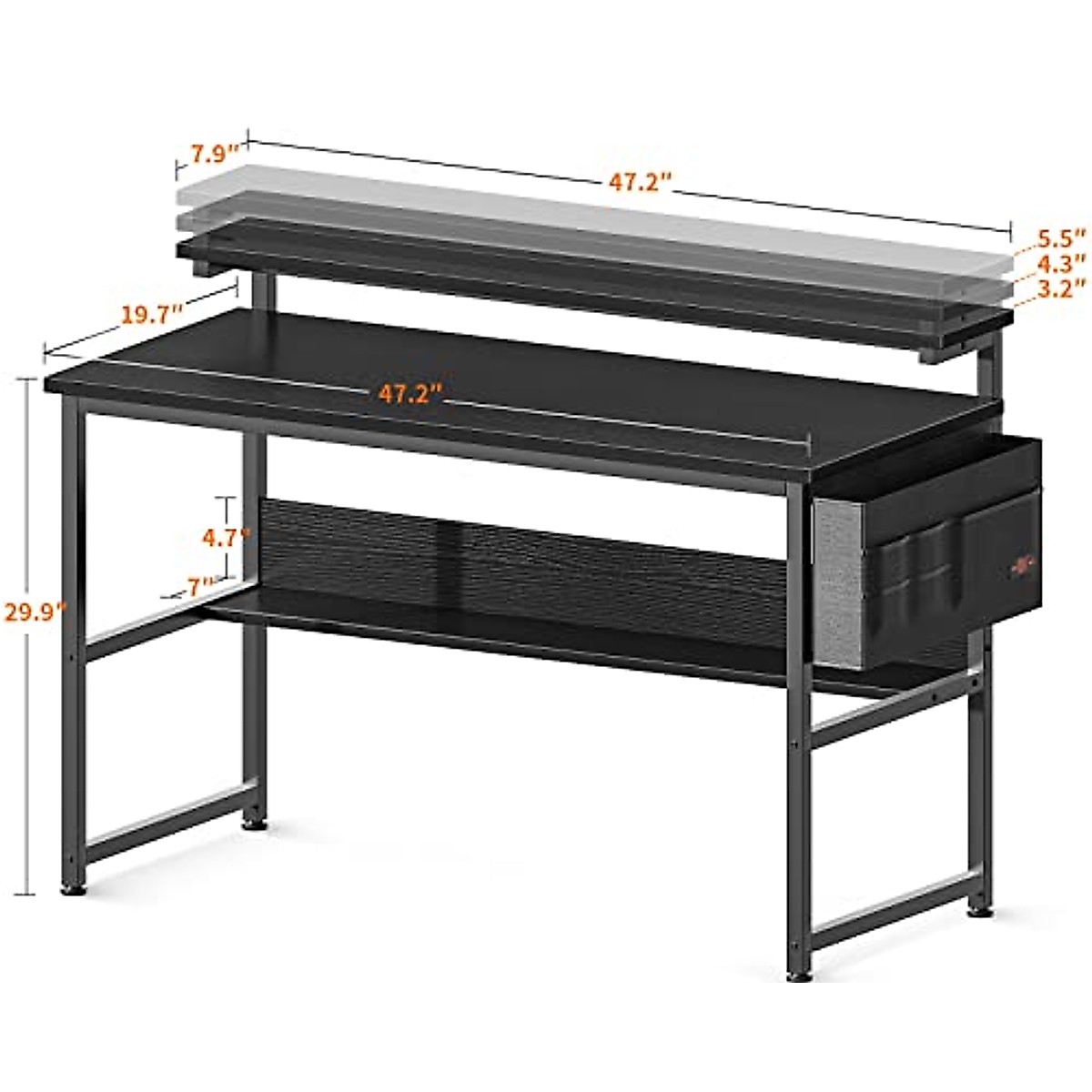 ODK Gaming Desk with Adjustable Monitor Stand (3.2", 4.3", 5.5"), 47 Inch Computer Desk with Storage Bag, Gamer Desk with Under-Desk Shelf, Simple Modern Style Laptop Desk for Small Space,Black