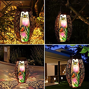 Outdoor Solar Lantern-Waterproof Butterfly Hanging Metal Decorative Lights for Patio Table Garden Pathway Yard with Super Bright Warm White LED, Large Solar Panels, Auto On/Off Light