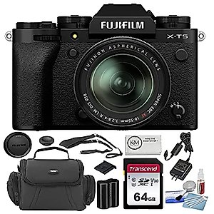FUJIFILM X-T5 Mirrorless Camera with 18-55mm Lens | Black Bundle with 64GB Memory Card + DC-49 Camera Case + 5-Piece Camera Cleaning Kit + Cleaning Cloth (5 Items)