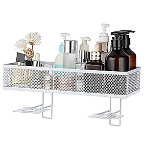 BSTKEY Metal Mesh Bathroom Over The Toilet Storage Shelf, Bathroom Storage Rack Toilet Tank Shelf Organizer with 2 Adhesive Hooks, Restroom Organizers Toilet Storage No Drilling Space Saver, White