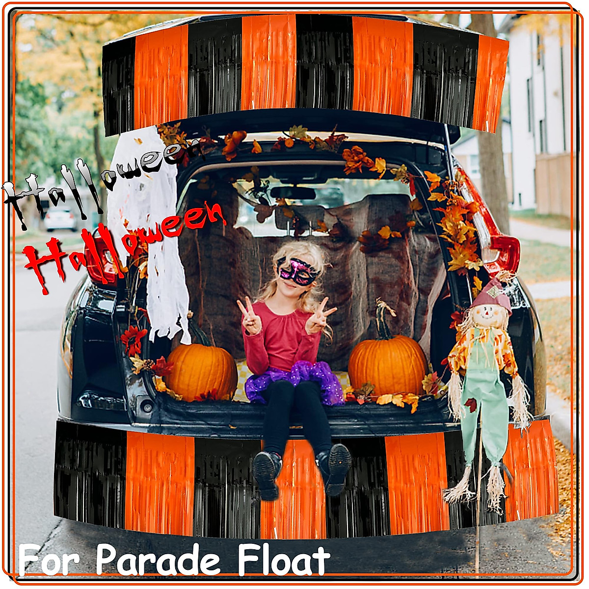 4 Pack 10 Feet Black Orange Halloween Parade Float Decorations for Trailer Car, Foil Fringe Tinsel Streamers Banner Garland for Halloween Graduation Homecoming Party Decoration (Black Orange)