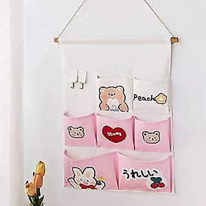 AONUOWE Japanese Cartoon Room Decor Cute Aesthetic Pastel Accessories for Room Decor Kawaii Wall Organizer Hanging Shelves (7 Pockets, Pink)