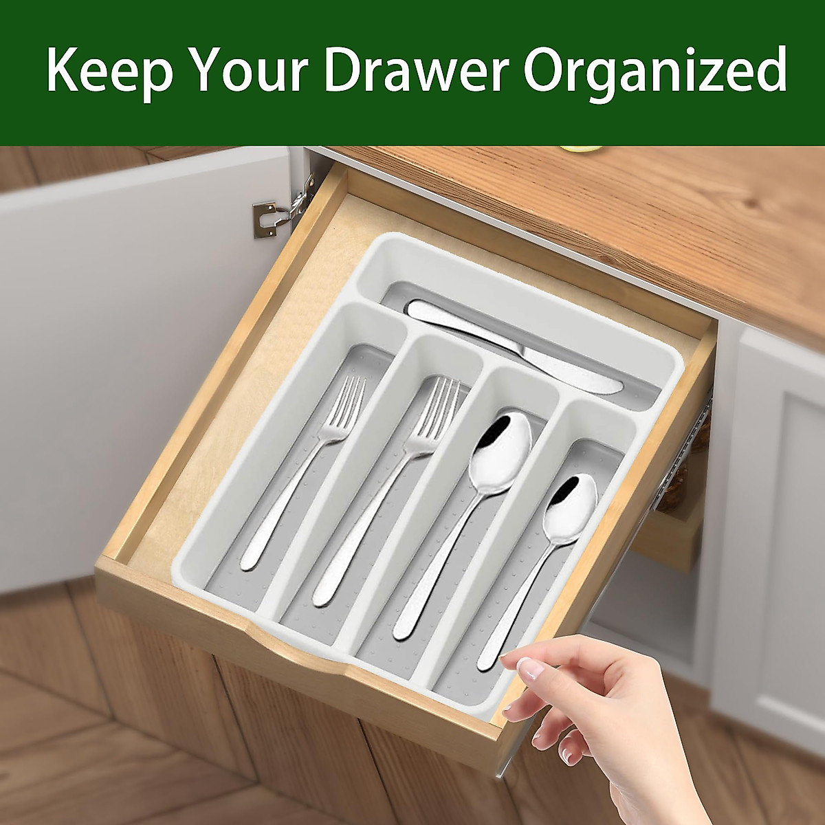 Loyareal Silverware Organizer Utenisl Organizer Holder Kitchen Drawer Organizer Plastic Silverware Tray for Drawer Flatware Organizer 5 Compartment White