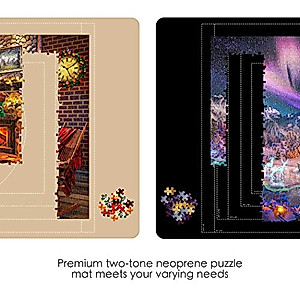 LAVIEVERT Jigsaw Puzzle Mat Roll Up, Double-Sided Neoprene Puzzle Roll Mat, Portable Puzzle Board Keeper Saver with Auxiliary Line & Storage Bag for Up to 1500 Pieces - Black & Khaki