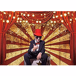 Funnytree Golden Glitter Red Curtain Photography Backdrop Circus Carnival Sparkle Stripes Background Baby Shower Birthday Party Potrait Cake Table Decoration Banner Photo Booth Props Halloween 7x5ft