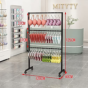 Retail Store Garment Rack Clothing Hanger, Underwear Panty Rack Shorts Display Bra Stand, Clothes Organizer with Wheels and 3- Tier Shelves, for Bedroom/Boutique/Cloth Store Metal Pipe Hanging Rack