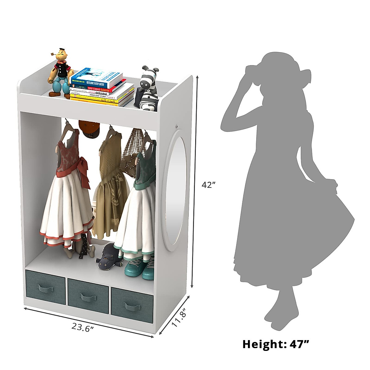 WISCLASS Kids Dress Up Storage with Mirror and Drawers, Kid Armoire Dresser, Open Costume Closet, Costume Rack, Lovely White for Girls Room