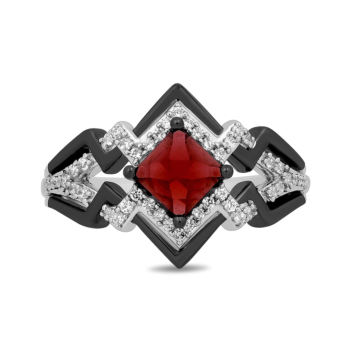Jewelili Enchanted Disney Fine Jewelry The de Vil is in the Details Sterling Silver and Black Rhodium 1/5 cttw Diamond and Garnet Disney Cruella Live Action Ring, Size 7