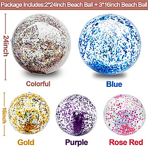 TURNMEON 5 Pack Sequins Beach Ball Jumbo Pool Toys Balls 16 Inch 24 Inch Giant Confetti Glitters Inflatable Clear Beach Ball Swimming Pool Water Beach Toys Outdoor Summer Party Favors for Kids Adults