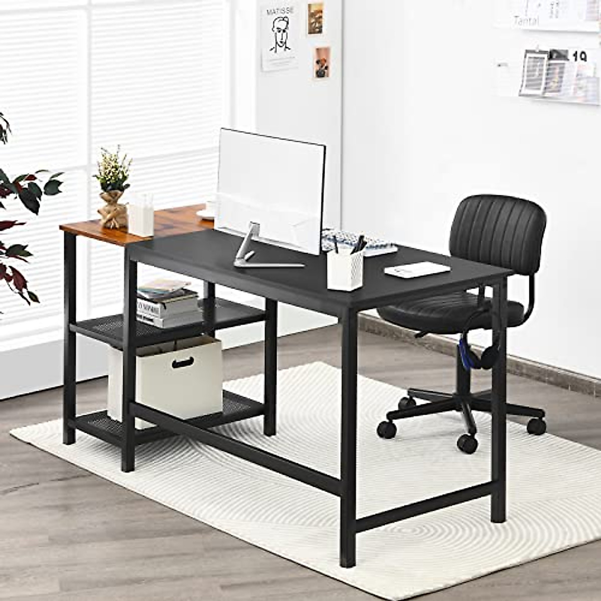 COSTWAY 59” Computer Desk, with 2 Removable Storage Shelves, Industrial Writing Workstation with Headphone Hook, for Home Office, Gaming Desk (Black)