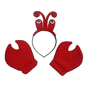 Lobster Antenna Headpiece With Eyeballs, Crab Claws Gloves Headband Mitt Kit - Crawfish Costume Accessories Set Red, One Size