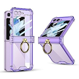 Jusy for Samsung Galaxy Z Flip 5 Case Ring, with Hinge Protection, Built-in Back Screen Protector & Ring Kickstand, Clear Elegant Shockproof Cover for Woman Girl, Purple
