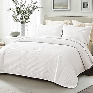 Whale Flotilla Ultra Soft Queen Quilt Bedding Set, Lightweight Microfiber White Quilts Bedspreads Full Size, 3 Piece Ultrasonic Geometric Coverlet Bed Cover for All Seasons