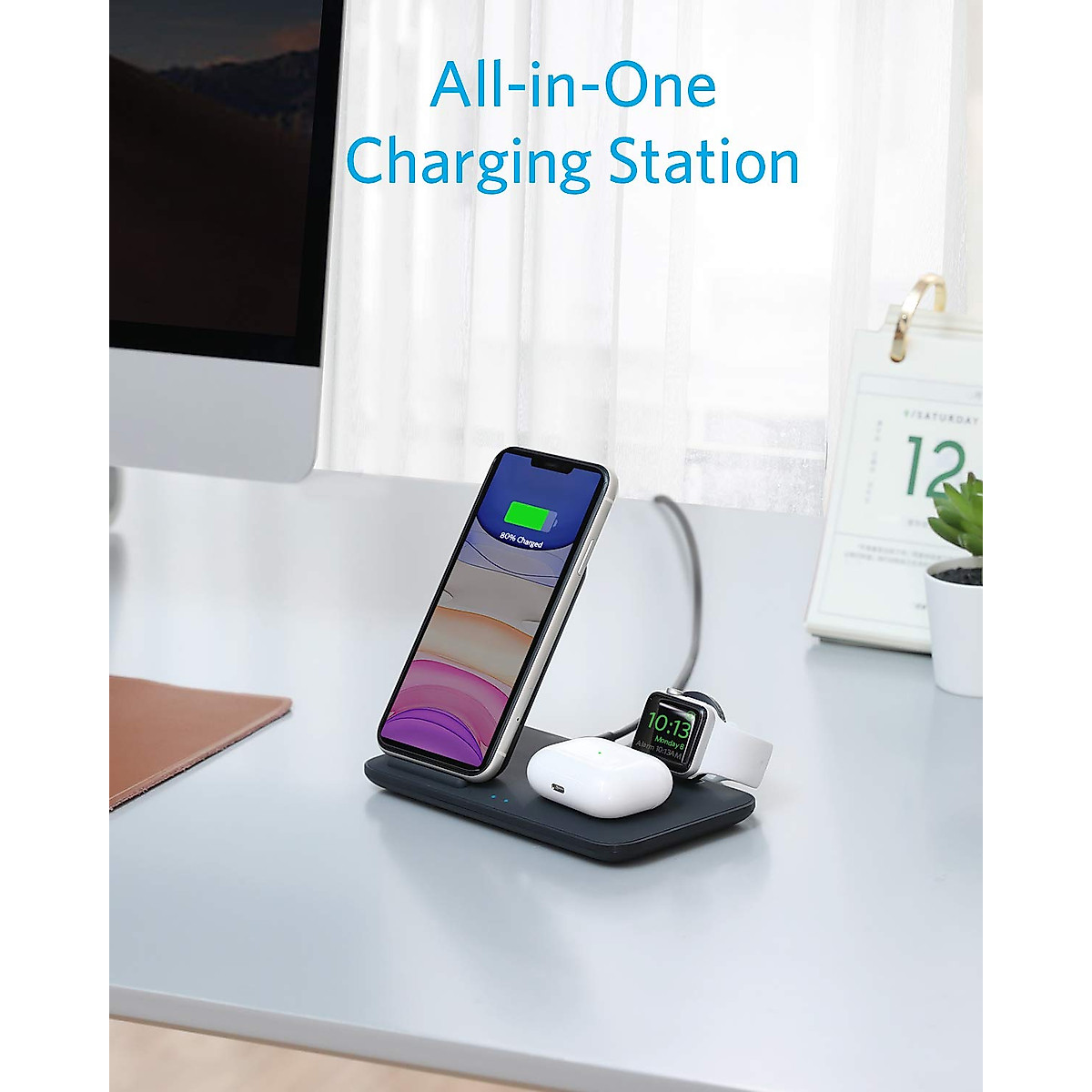 Anker Wireless Charging Station for Apple, PowerWave 3-in-1 Qi-Certified Stand for iPhone 14 Series, AirPods Pro, Apple Watch Series 1-6 (Watch Charging Cable & QC Adapter Not Included)