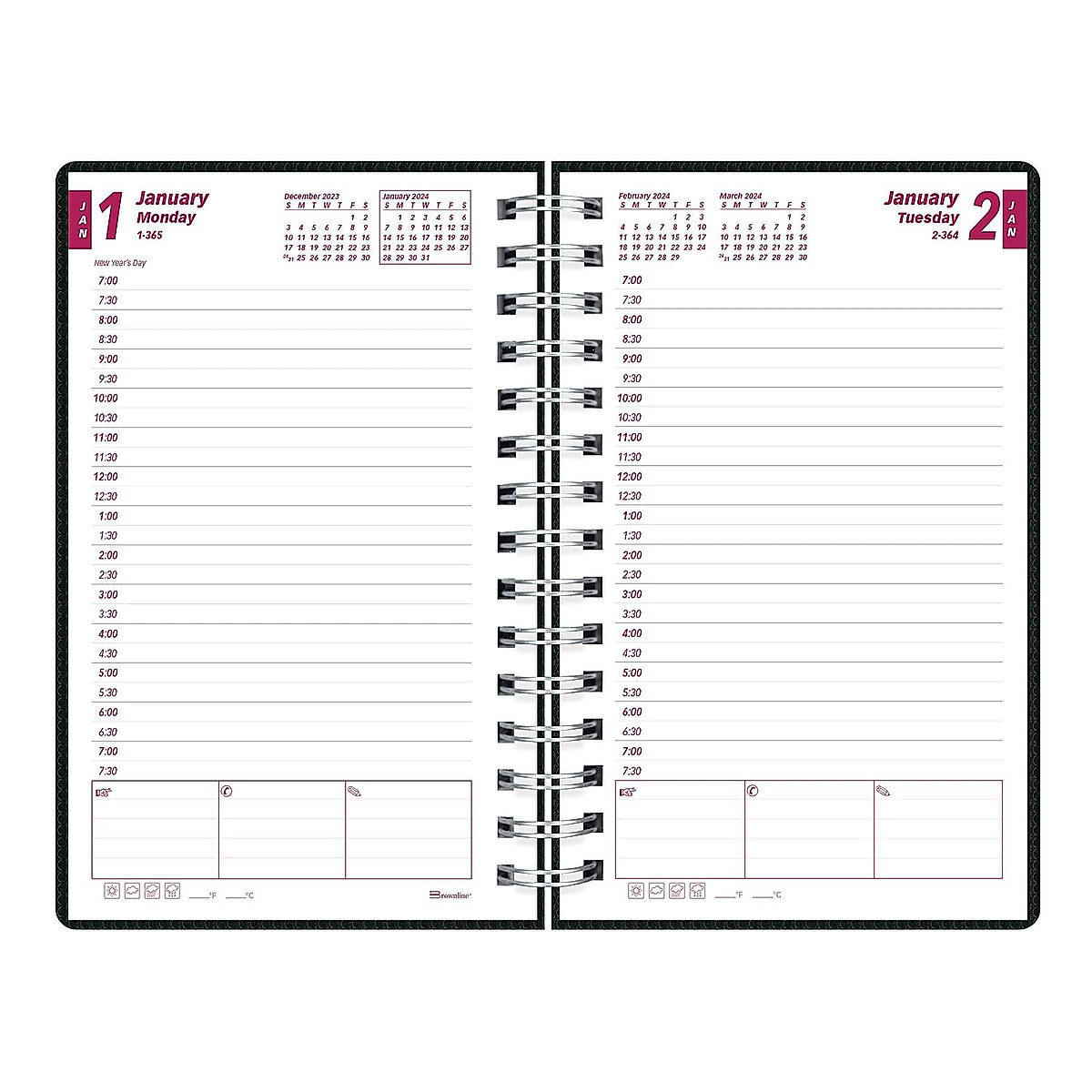 Brownline 2024 DuraFlex Daily/Monthly Planner, Appointment Book, 12 Months, January to December, Twin-Wire Binding, 8" x 5", Black (CB634V.BLK-24)