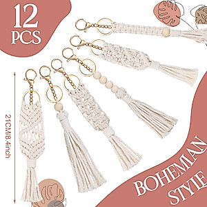 Junkin Macrame Boho Keychains Bulk Handcrafted Aesthetic Key Chain with Tassel for Women Car Key Purse Wallet Beige (12 Pieces)