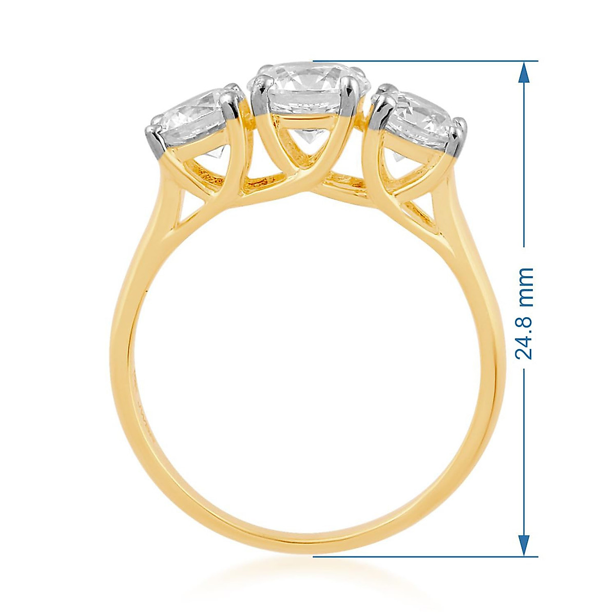 Jewelili 10K Yellow Gold 6.25 MM and 5 MM Round Cubic Zirconia 3 Stone Anniversary Ring, Size 6