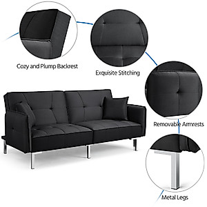 Yaheetech Futon Sofa Couch Convertible Sofa Sleeper Bed with Armrest Home Recliner Couch Home Living Room Furniture Linen Fabric Black