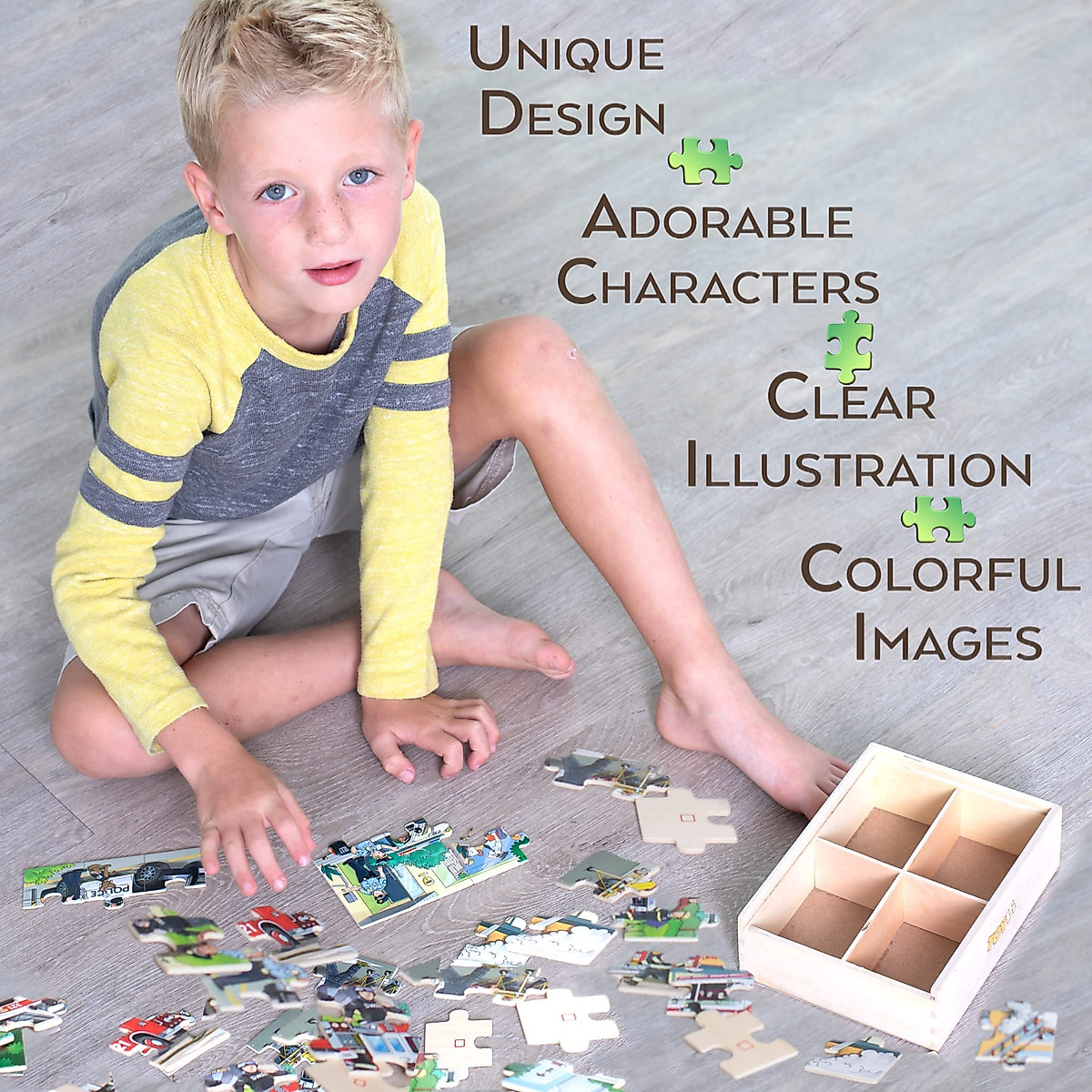 TOYLI 4-in-1 Wooden Puzzles for Boys 48 PCs Puzzles for Kids Ages 4-6 Great Gift for Boys,Car Puzzles for Kids Ages 4-8, Wood Puzzles for Kids Ages 3-5 Jigsaw Puzzle Box, Summer Activity Outside