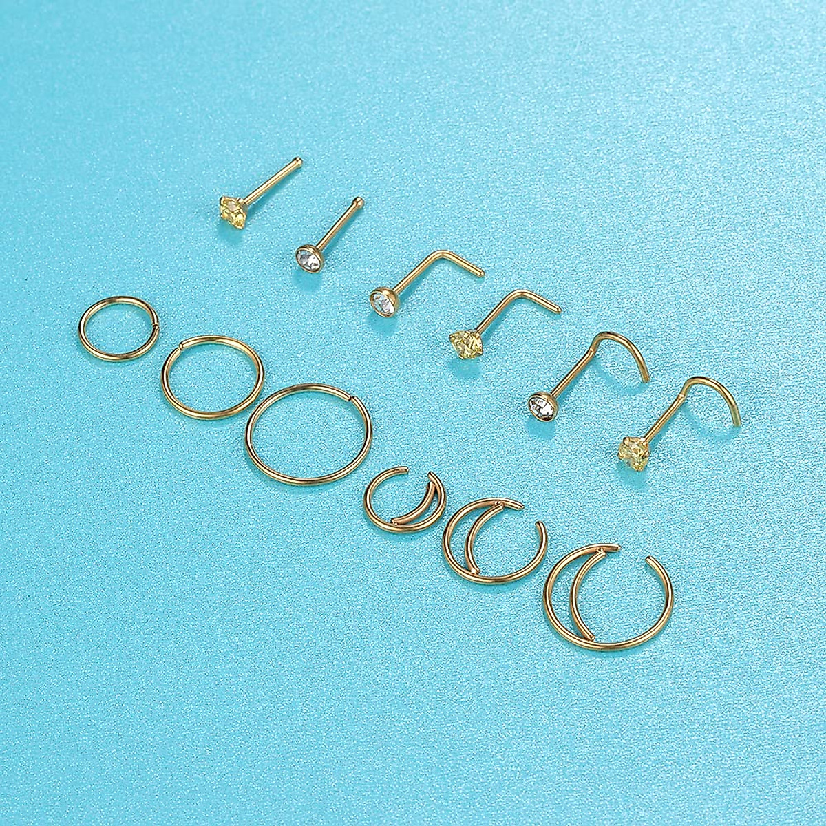 BodyAce 12pcs 20g Gold Nose Ring Hoop Nose Studs for Men Women Nose Piercing Jewelry Diamond Septum Ring Nose Bones/L Shaped/Nose Screw Sets Stainless Steel Nostril Studs (Gold)