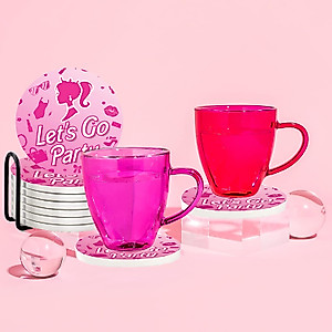 Drink Coasters with Holder, Absorbent Coaster Sets of 6, Let's Go Party Pink Girl Ceramic Coasters for Tabletop Protection,Suitable for All Kinds of Cups, Wooden Table, Cool Home Decor, 4 Inches