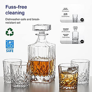 GoodGlassware Whiskey Decanter and Glasses (5 Piece Set) – Elegant Liquor Carafe with Ornate Solid Glass Stopper and 4 Matching Whisky Tumblers - Lead-Free and Dishwasher Safe Transparent