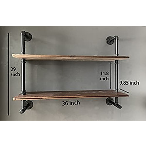 Industrial Pipe Wall Shelves Pipe Shelving with Real Wood Plank ,36 Inches Floating Shelves for Wall Farmhouse Pipe Book Shelves Dark Brown 2 Tier for Kitchen,Living Room Decor and Bar Shelving