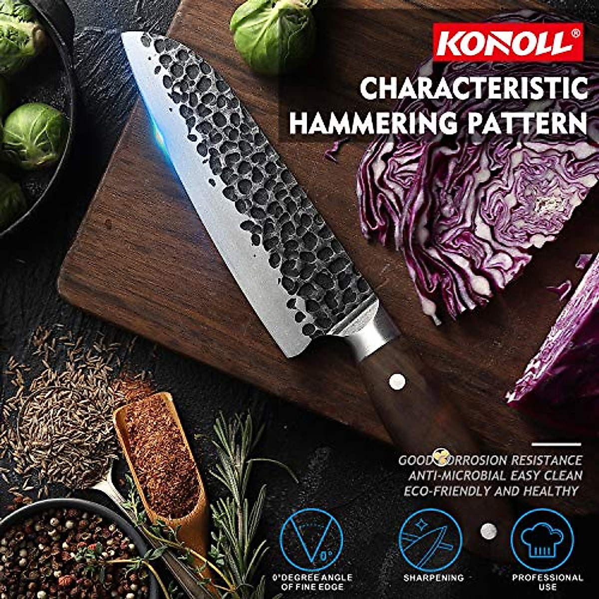 KONOLL Santoku Knife Janpan Chefs Knife Cleaver 7-inch Forged Handmade Professional Kitchen Knife, German High Carbon Steel (7-inch Santoku Thunder-K Series)