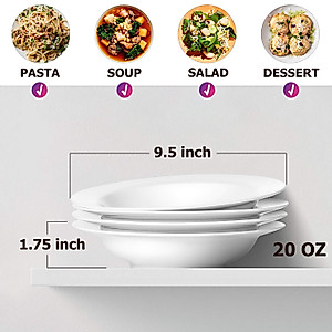 Y YHY Soup Bowls, Pasta Bowls Set of 4, White Salad Bowls and Plates, 20 Ounces Porcelain Wide Rim Bowls, Microwave and Dishwasher Safe, Christmas Gift
