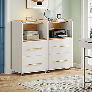 Tribesigns Lateral File Cabinet with 2 Drawers, Modern White Filing Cabinet Wood Rolling Filing Cabinets for Letter/Letter/A4 Size Files, Mobile Printer Stand with Open Shelves for Home Office (43"H)