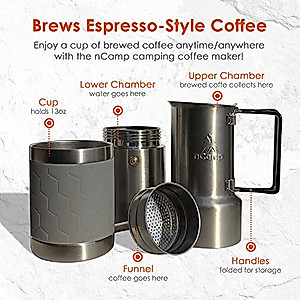 nCamp - Café, Portable Coffee Maker, Portable Espresso Machine, Compact Camping Coffee Maker, Stainless Steel Travel Coffee Maker with Camping Coffee Cup, Reusable, 12 oz