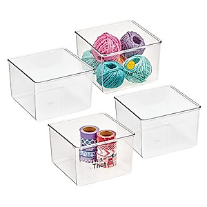 mDesign Stackable Plastic Craft, Sewing, Crochet Storage Container Box with Handles- Compact Organizer Bin, Holder for Thread, Beads, Ribbon, Glitter, Clay - 4 Pack, Includes 32 Labels - Clear