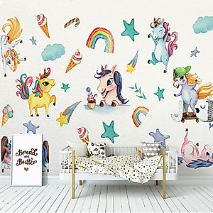 Maydahui Cartoon Unicorn Wall Decals Stickers Rainbow Cloud Candy Ice Cream Vinyl Decals (41*41 Inch) Peel & Stick Removable Girls Bedroom Art Murals Decor for Baby Kids Room Nursery Christmas Gifts