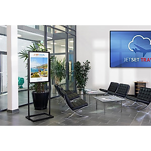 Sign Holder Stand for Floor with Top-loading Design, Includes 2 Non-glare Lenses for Double-sided Presentations, Poster Frame Display Fixture for 22" x 28" Graphics, Black, Aluminum