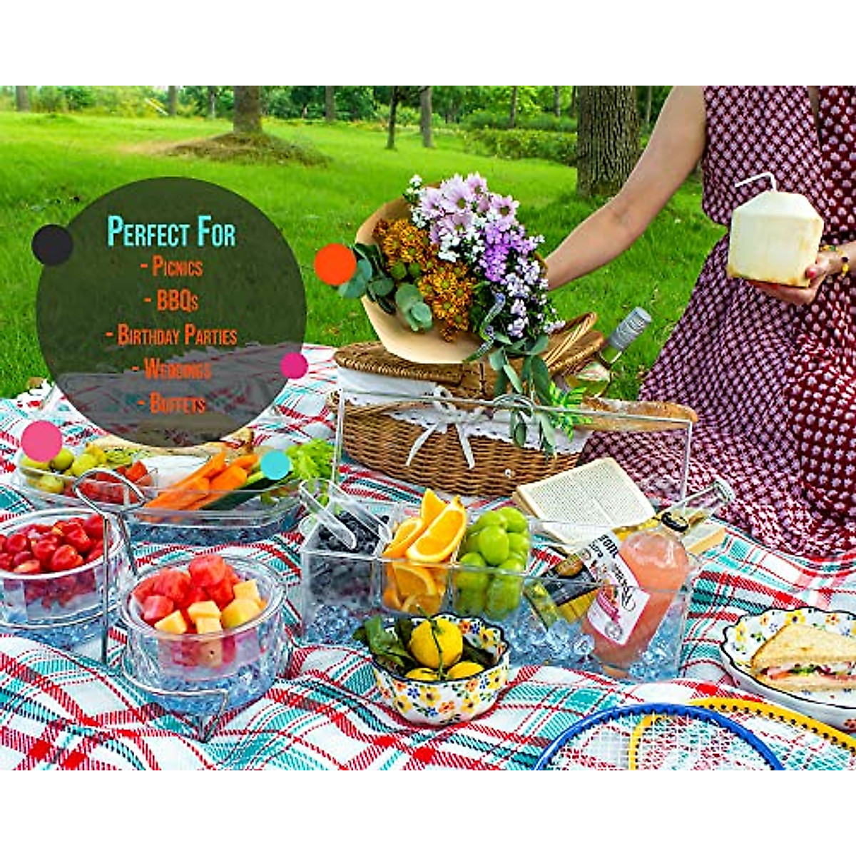 gesPINK Condiment Server with Small Lids, Bar Condiment Tray with Lid, Garnish Tray Bar Fruit Caddy with Lid, Chilled Condiment Server for Parties, Plus Utensils