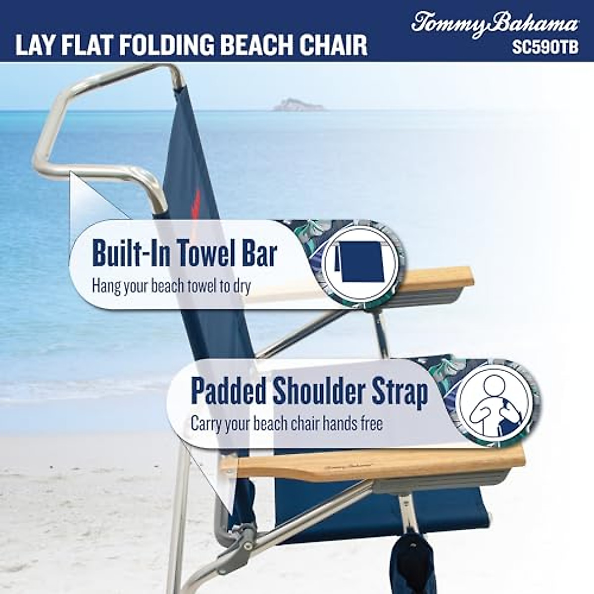 Tommy Bahama 5-Position Lay Flat Cup Holder and Towel Bar Beach Chair, 1-Pack, Floral Print