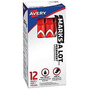 Avery Marks A Lot Permanent Markers, Large Desk-Style Size, Chisel Tip, Water and Wear Resistant, 12 Red Markers (08887)