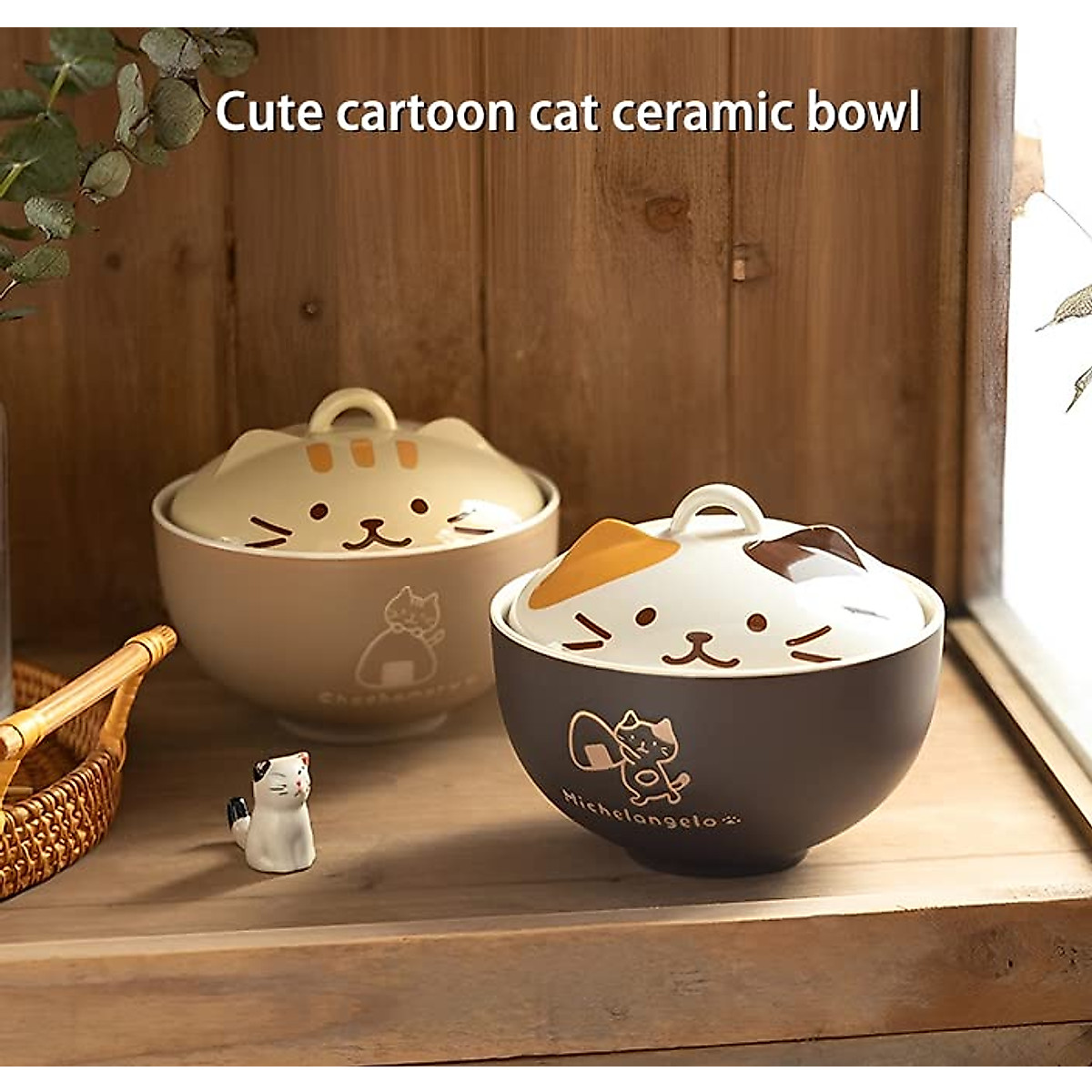 Japanese Style Ceramic Soup Bowls with Lids Ramen Bowl Cute Kitten Design for Mixing Salad, Noodle, Instant Noodles, Ramen Cooker, Kitchen Oven, Microwave Safe Bowl Cat Gifts for Cat Lovers (khaki)