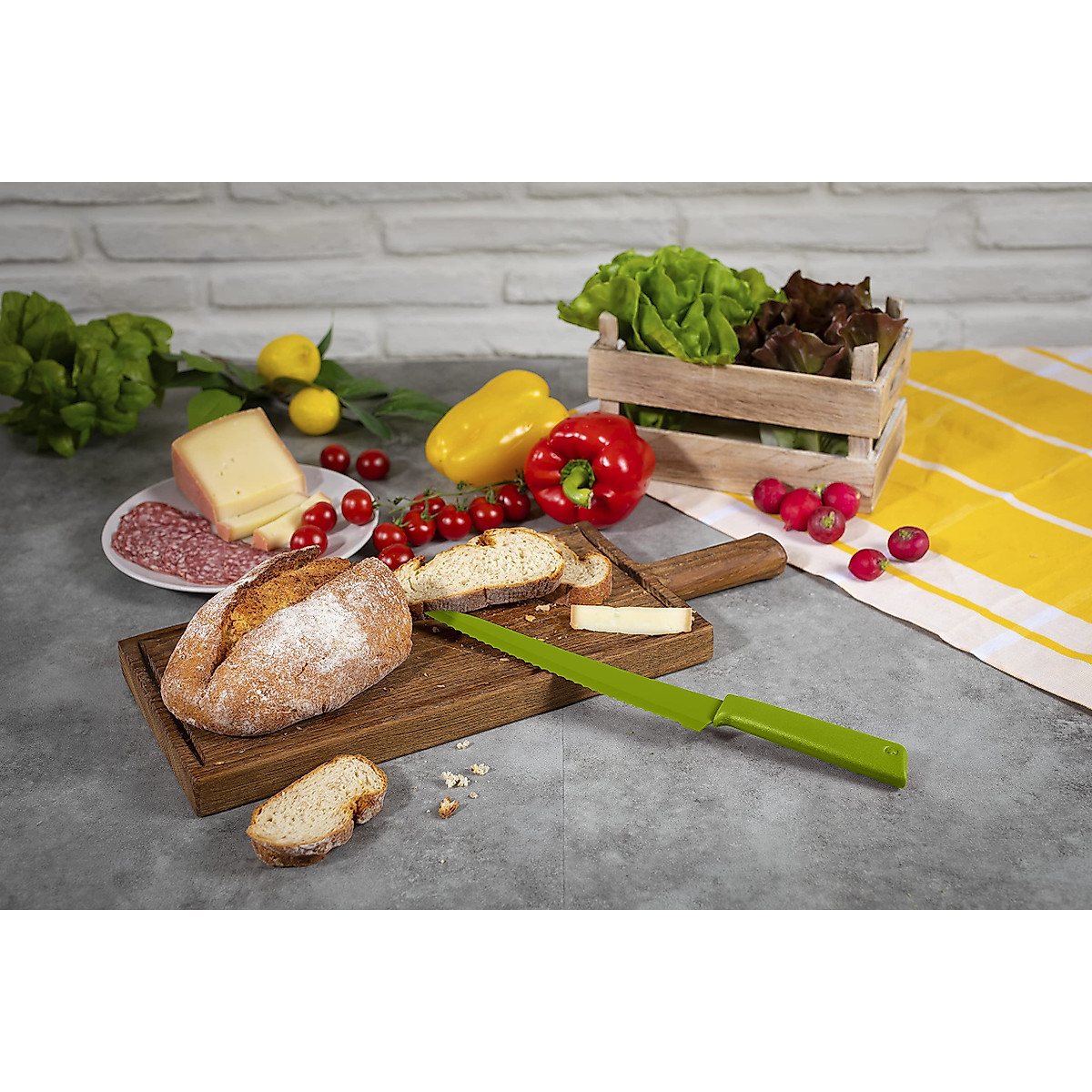 KUHN RIKON Colori+ Non-Stick Bread Knife with Safety Sheath, 32.5 cm, Green