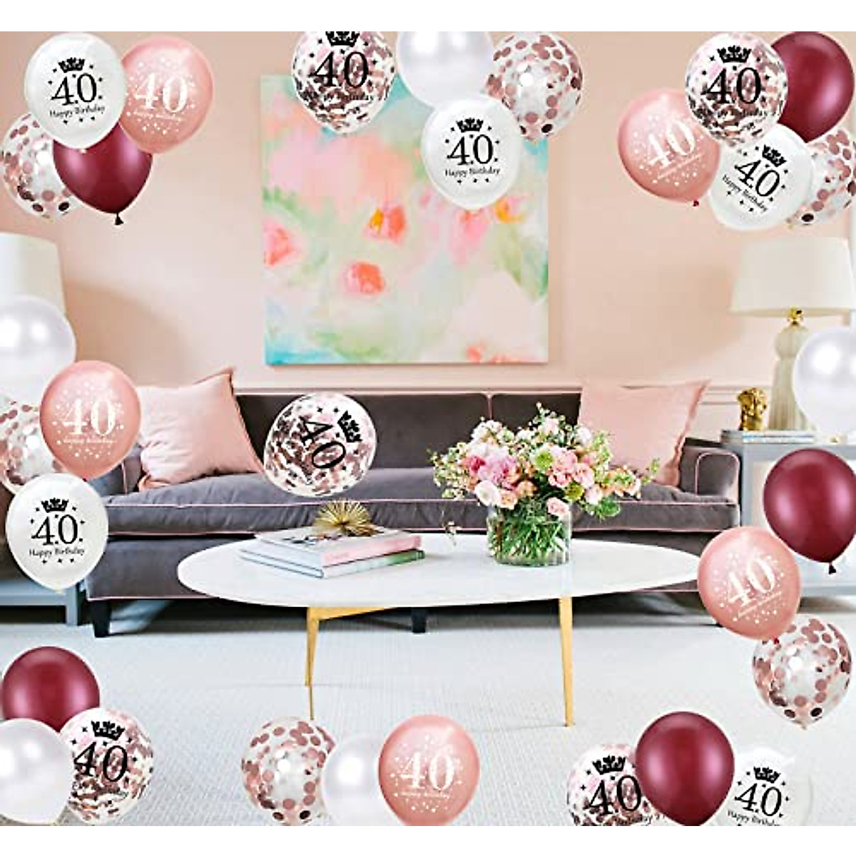 40th Birthday Balloons Rose Gold for Women, Pack of 30 Rose Gold Rose red 40th Birthday Latex Confetti Balloon Ribbons for Women Happy 40th Birthday Party Decorations 12inch( Rose gold)