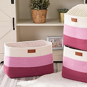 PHI VILLA Large Cotton Rope Basket, Woven Nursery Laundry Blanket Basket Toy Basket with Handles for Storage, Living Room, 15 x 10 x 8 inches, ‎Gradient Pink, 1-Pack