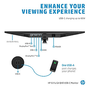 HP E27u G4 QHD USB-C 27 Inch Monitor Desktop PC IPS LCD 60Hz 5ms 16:9 Anti-glare Pivot Height Adjustable VESA Mountable DisplayPort HDMI Port USB Hub Computer Screen, Black/Silver (Renewed)