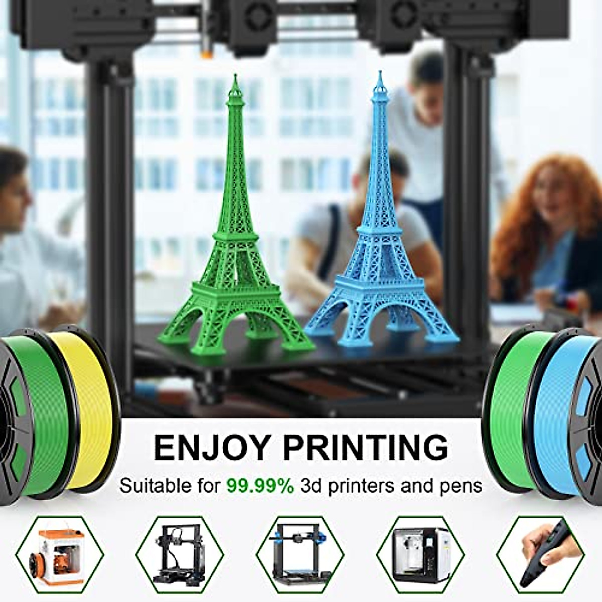 WEEFUN 3D Printer Filament Bundle 250g X 4 Spools, PLA Filament 1.75mm 3D Printing Material, Four Bright Color PLA Filaments Kit for 3D Printer Green/Light-Green/Yellow/Sky Blue, Fit Most 3D Printers