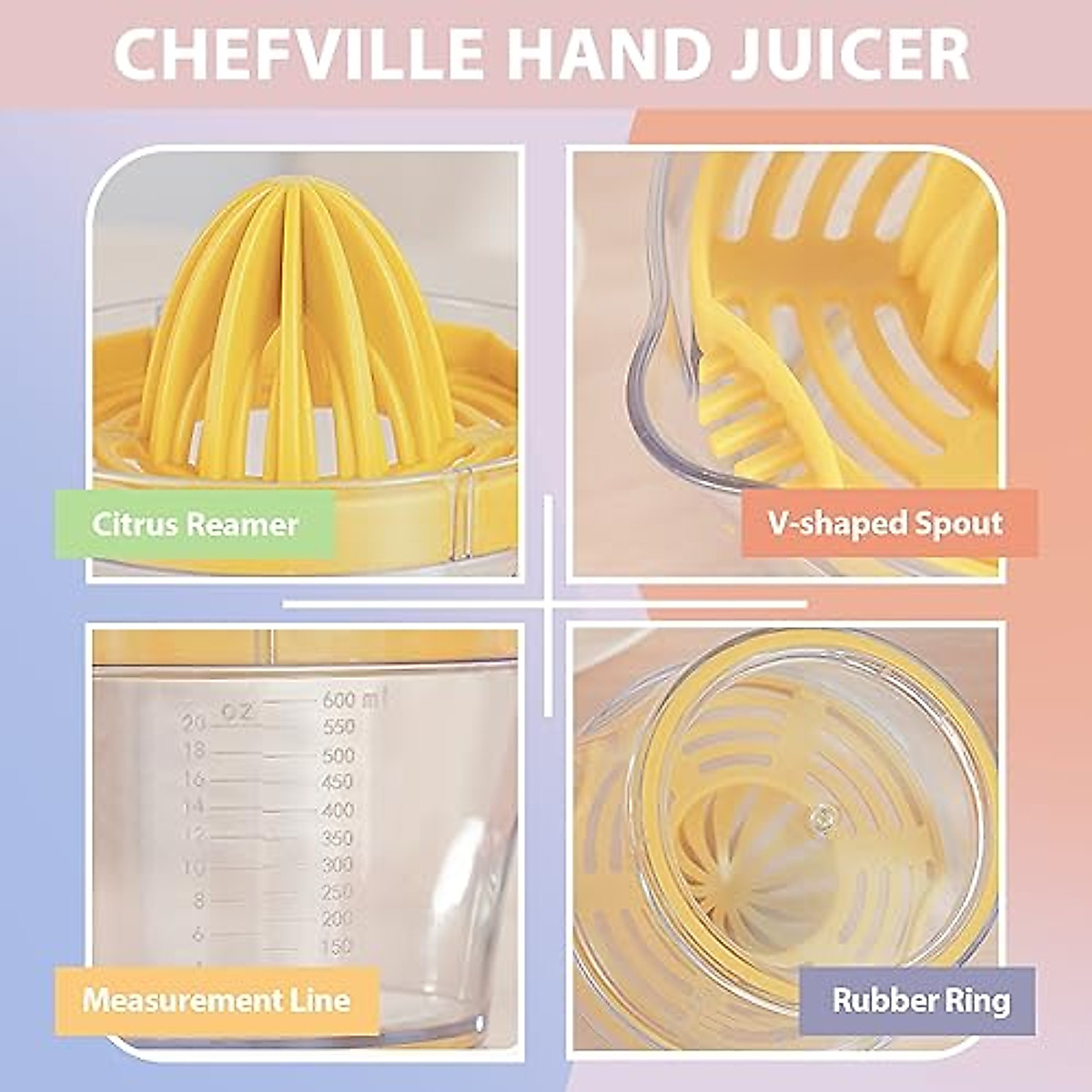 Manual Juicer, ChefVille MJ02 Multifunctional Hand Juicer, Lemon Lime Squeezer with Comfortable Grip Handle, 21-Ounce Capacity Orange Juicer (ORANGE)